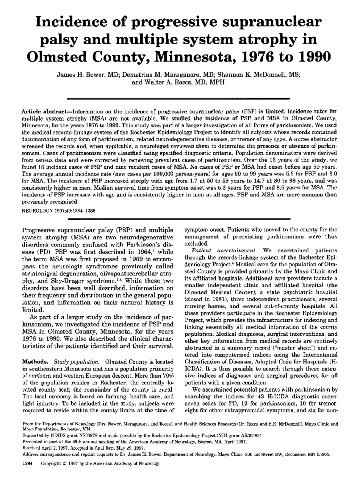 Incidence of progressive supranuclear palsy and multiple system atrophy in Olmsted County, - Studocu