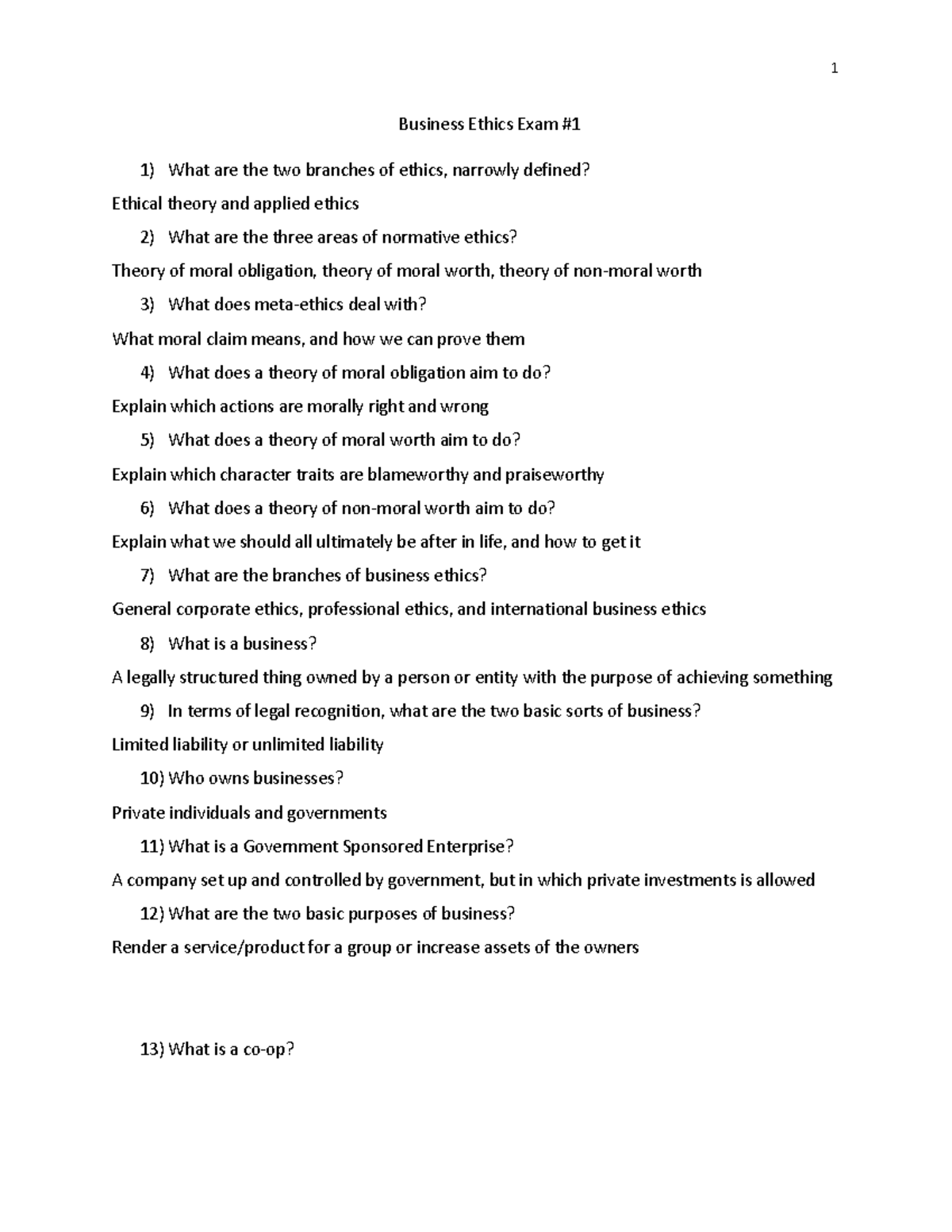 Business Ethics Exam 1 - Over view - Business Ethics Exam # What are ...