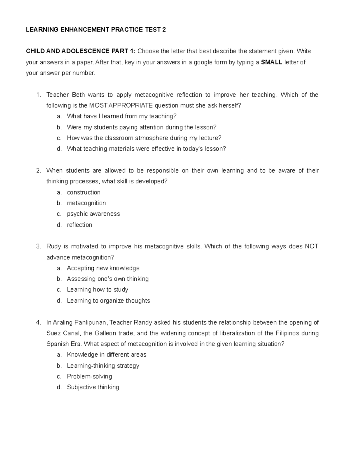 Child AND Adolescence 2 - LEARNING ENHANCEMENT PRACTICE TEST 2 CHILD ...