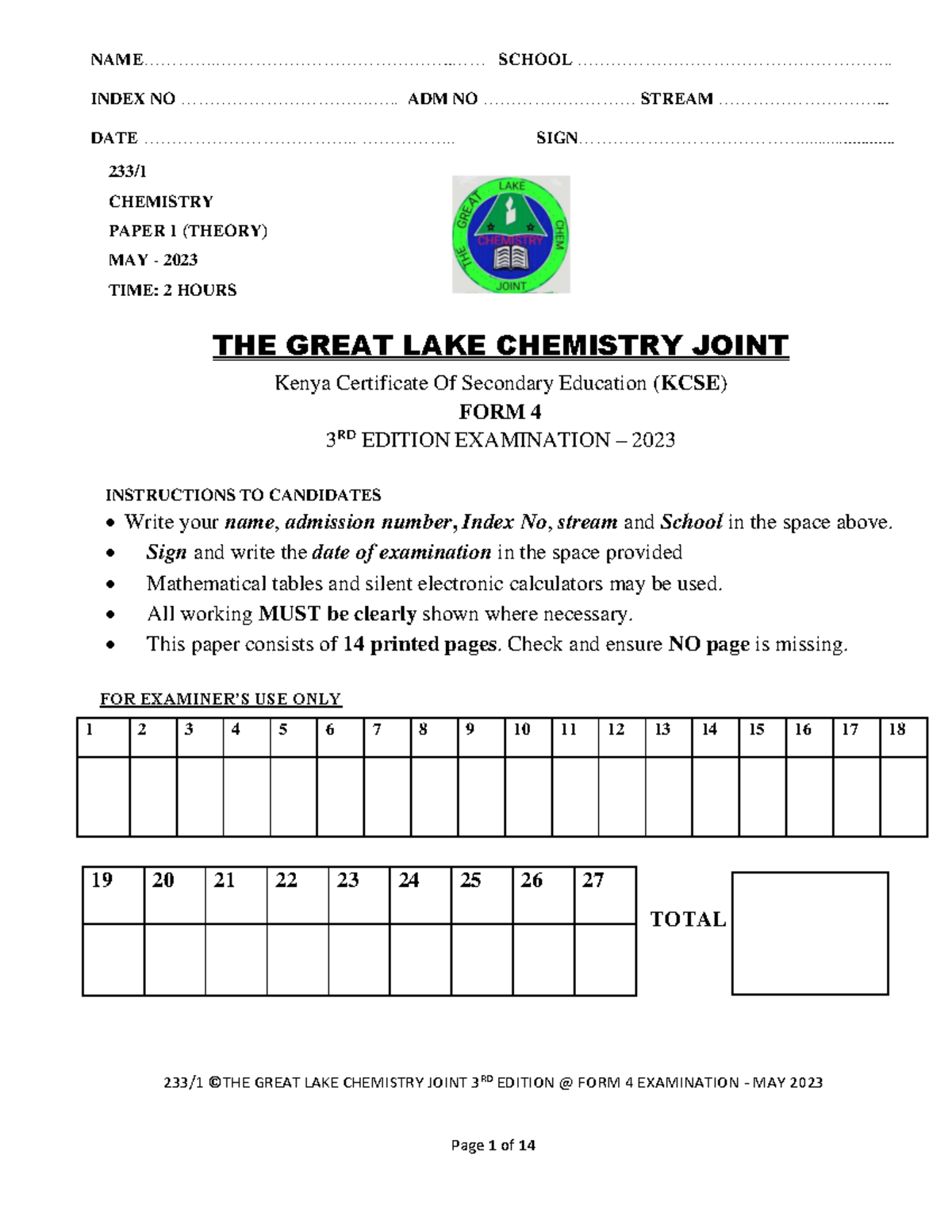 CHEM PP1 GLC 3RD Edition 2023-1 - 233/1 ©THE GREAT LAKE CHEMISTRY JOINT ...