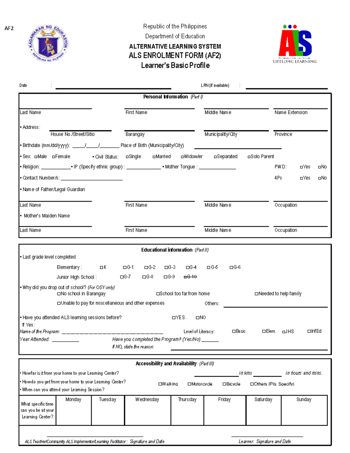 Annex A Modified ALS AF2 1 - Date : : Last Name • Address: Barangay ...