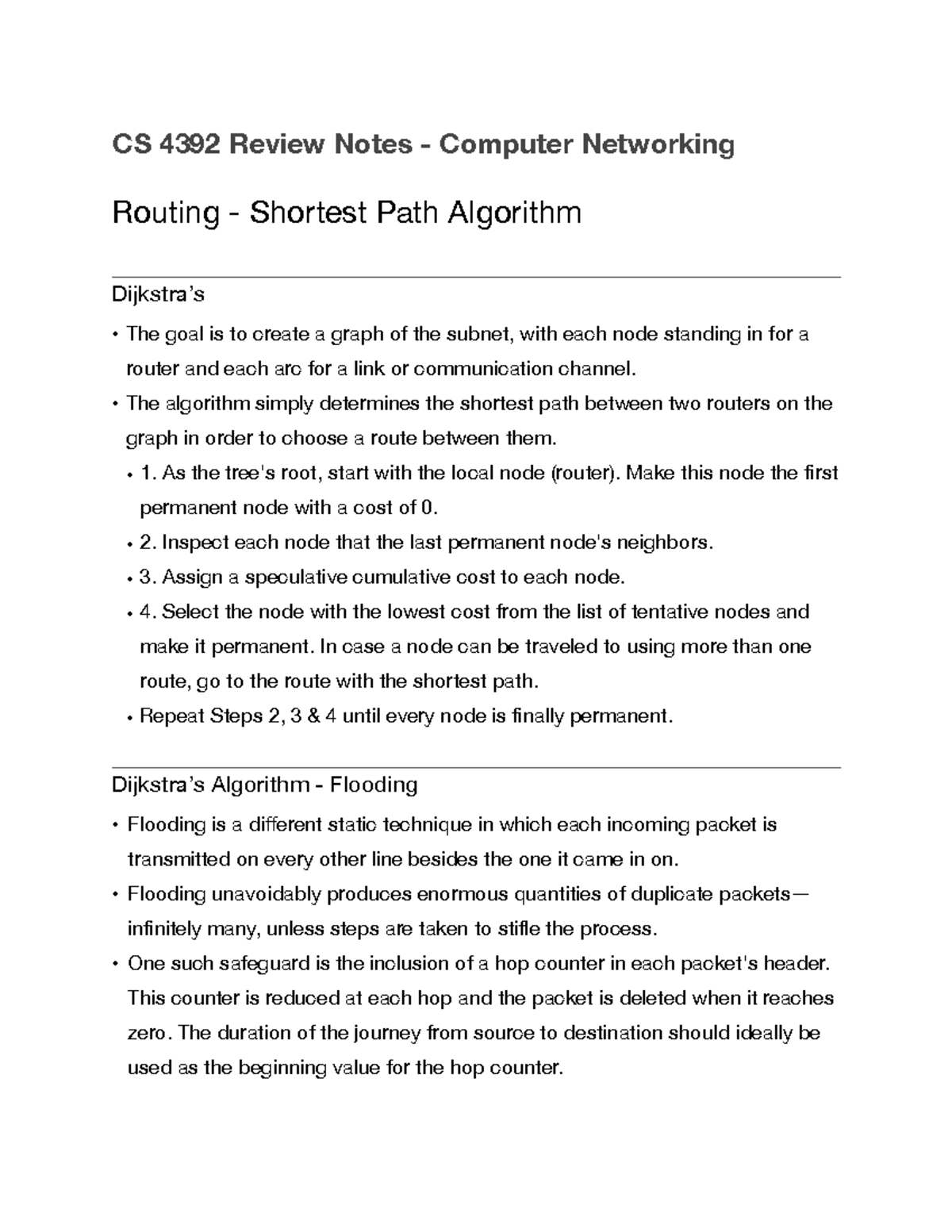 CS 4392 Notes - Shortest Path Routing - CS 4392 Review Notes - Computer ...