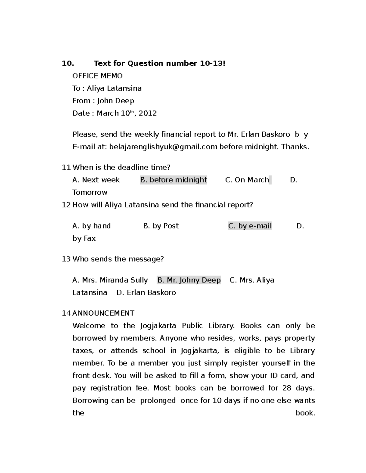 English Test 1 Students exam - Text for Question number 10-13! OFFICE ...