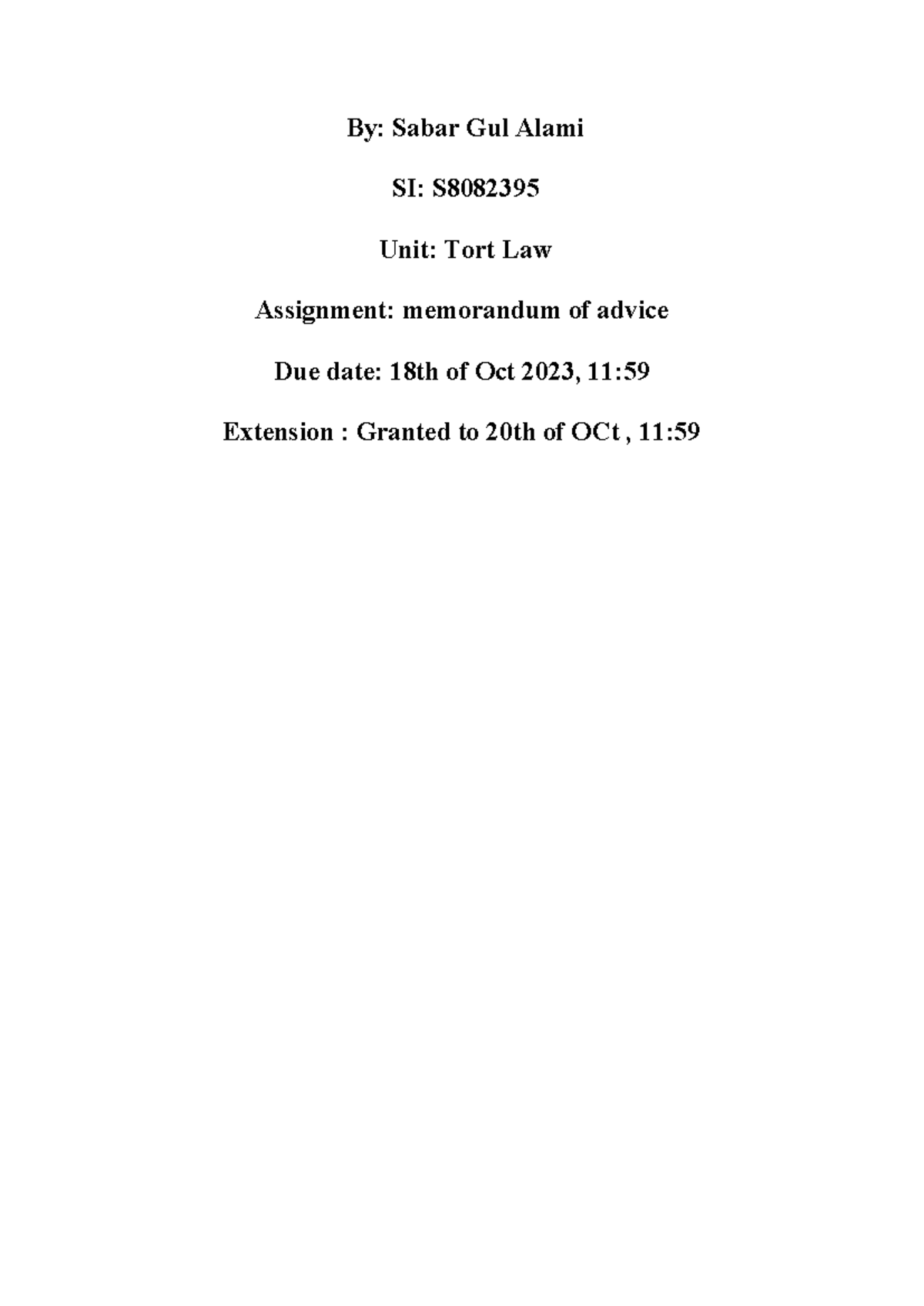 Tort Memorandum of advice - By: Sabar Gul Alami SI: S Unit: Tort Law ...