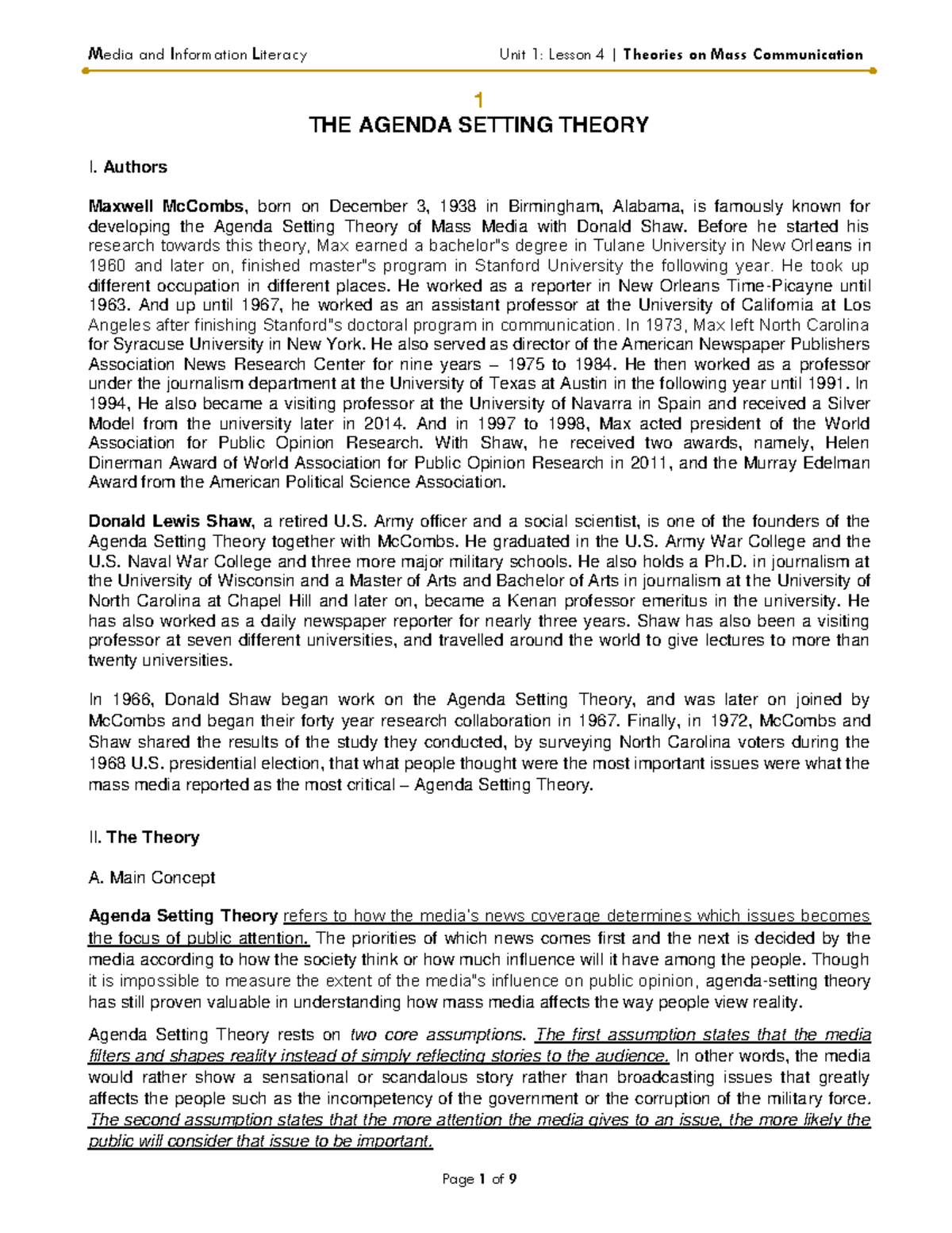 Unit 1 Lesson 4 - Media and Information Literacy - 1 THE AGENDA SETTING ...