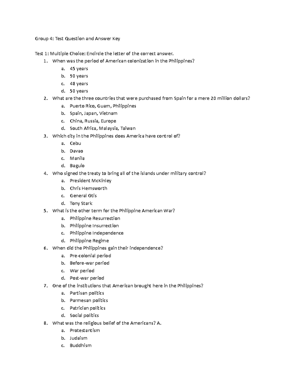 HUM 102 (TQ&AK) - exercise - Group 4: Test Question and Answer Key Test ...