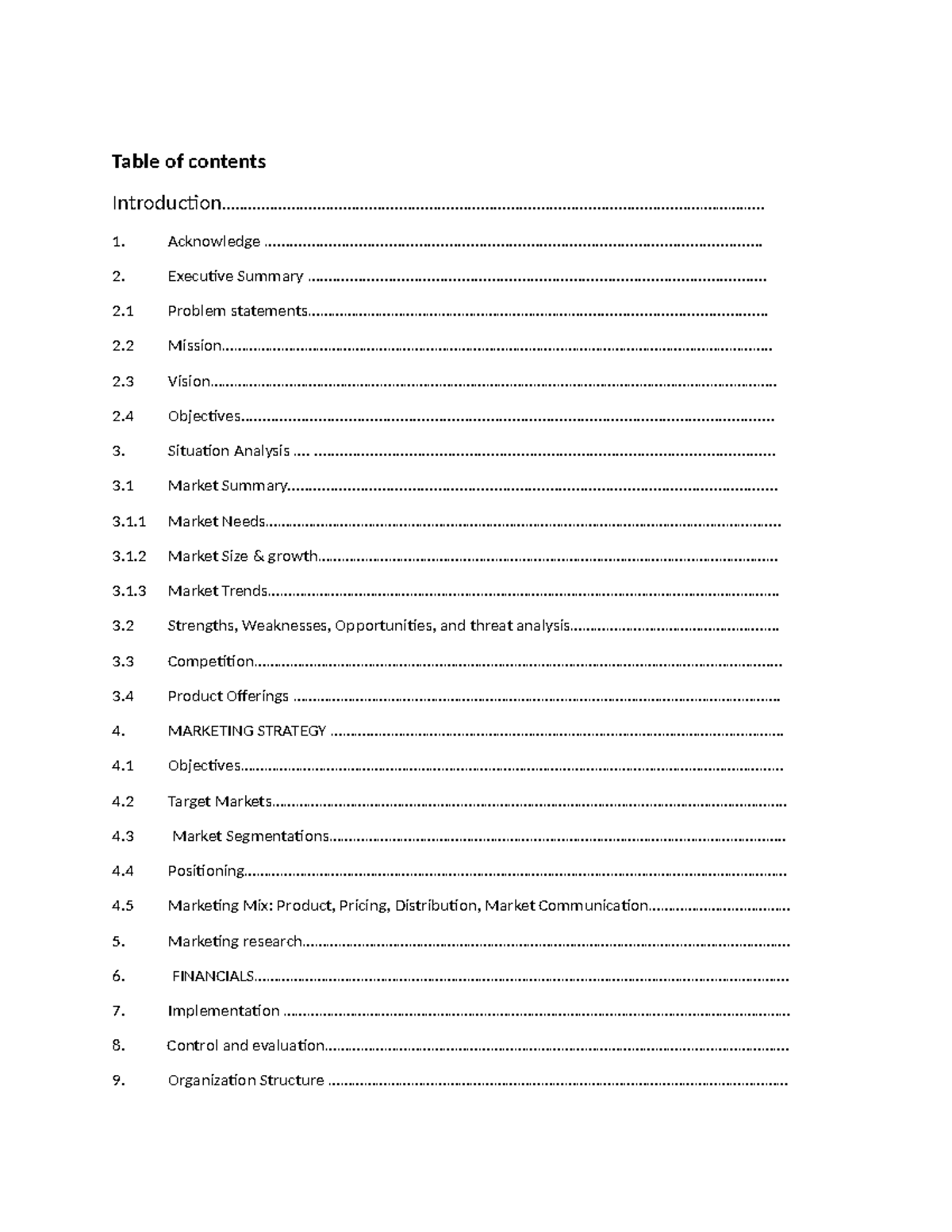 Marketing Project - Table of contents - Studocu