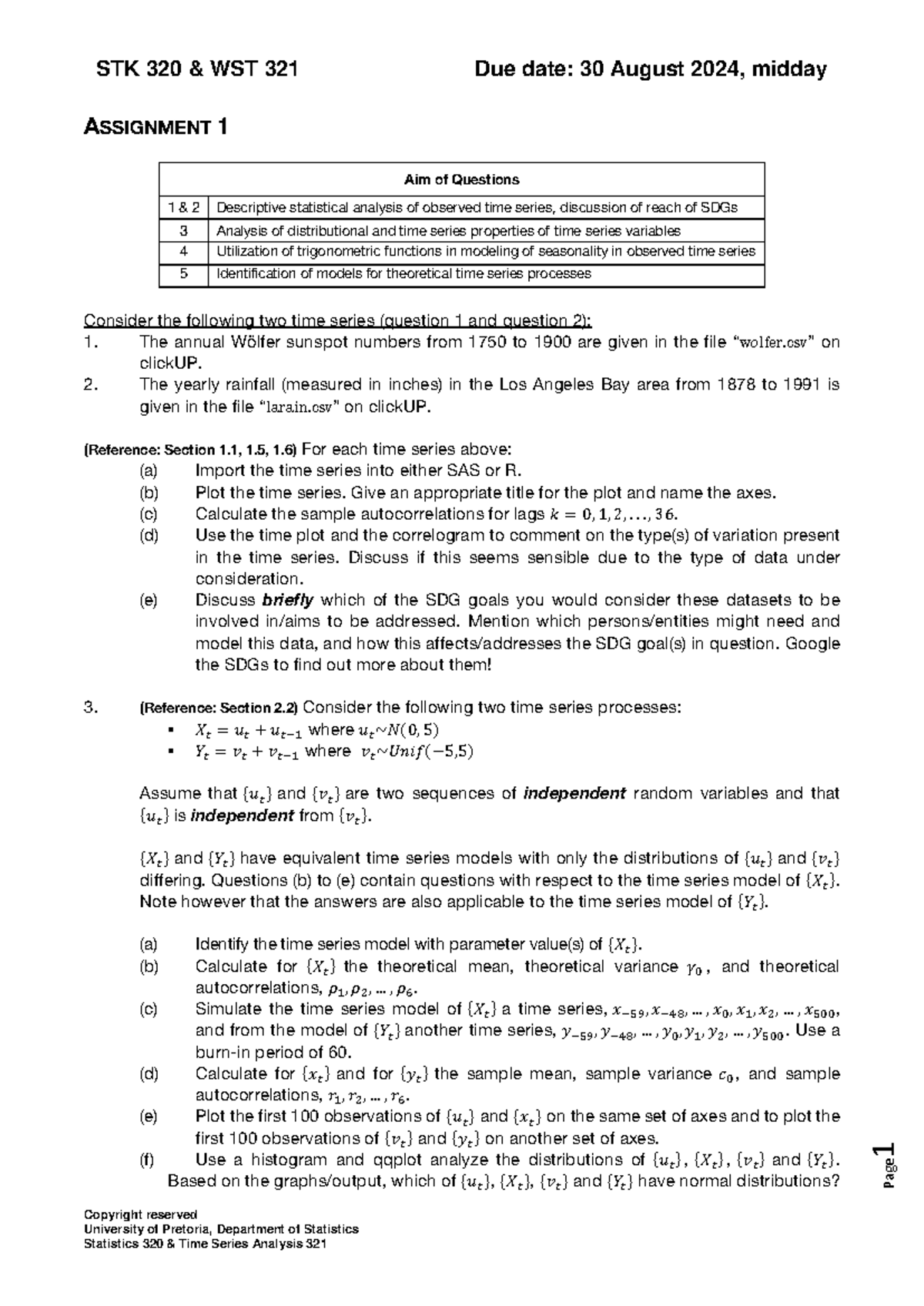 STK320&WST321 Assignment 1 2024 - STK 320 & WST 321 Due date: 30 August ...