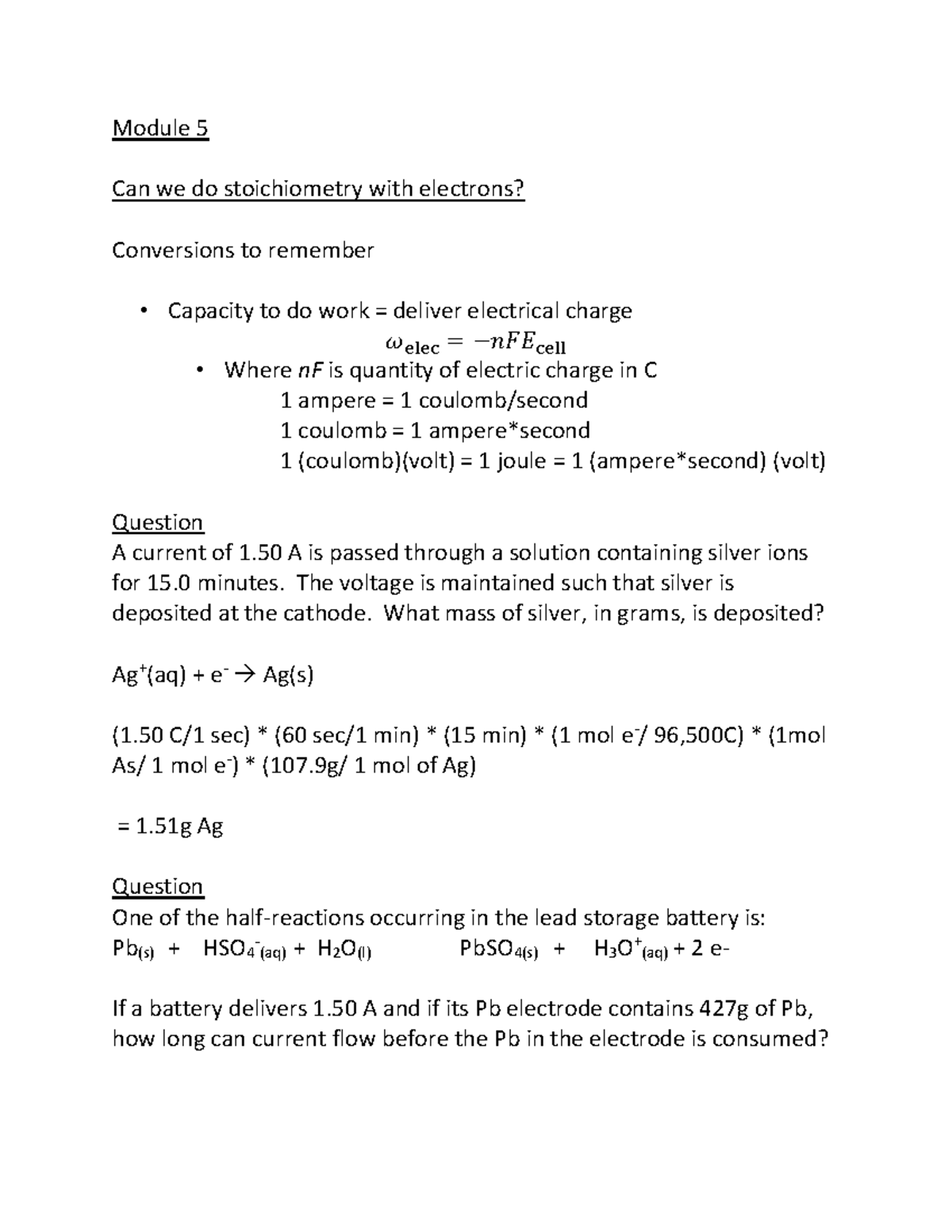 Class 7 Module 5 - Lecture notes 7 - Module 5 Can we do stoichiometry ...