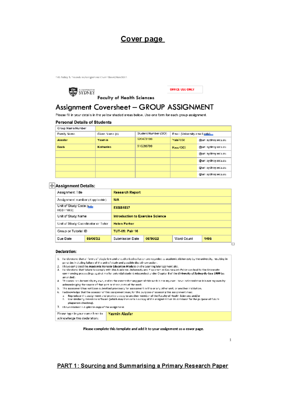 EXSS1037 S1 -assignment - Cover page PART 1: Sourcing and Summarising a ...