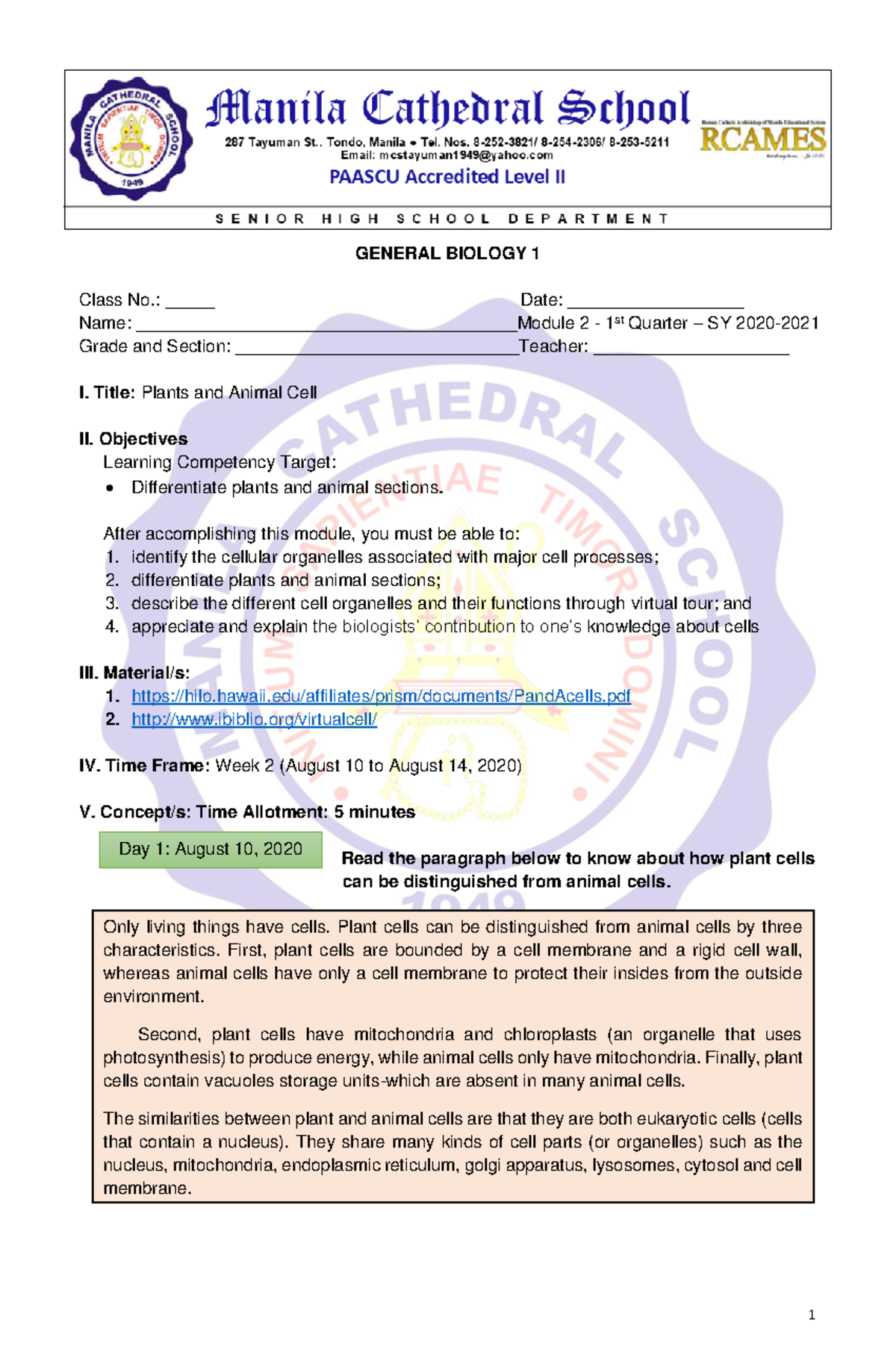 Biology - Gr. 12 - Module 2 - GENERAL BIOLOGY 1 Class No.: _____ Date