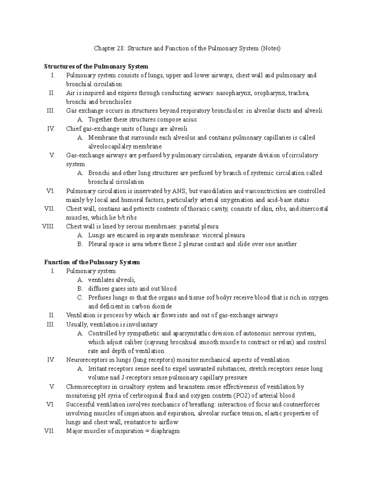 Chapter 28 Structure And Function Of The Pulmonary System Notes Pulmonary System Consists Of
