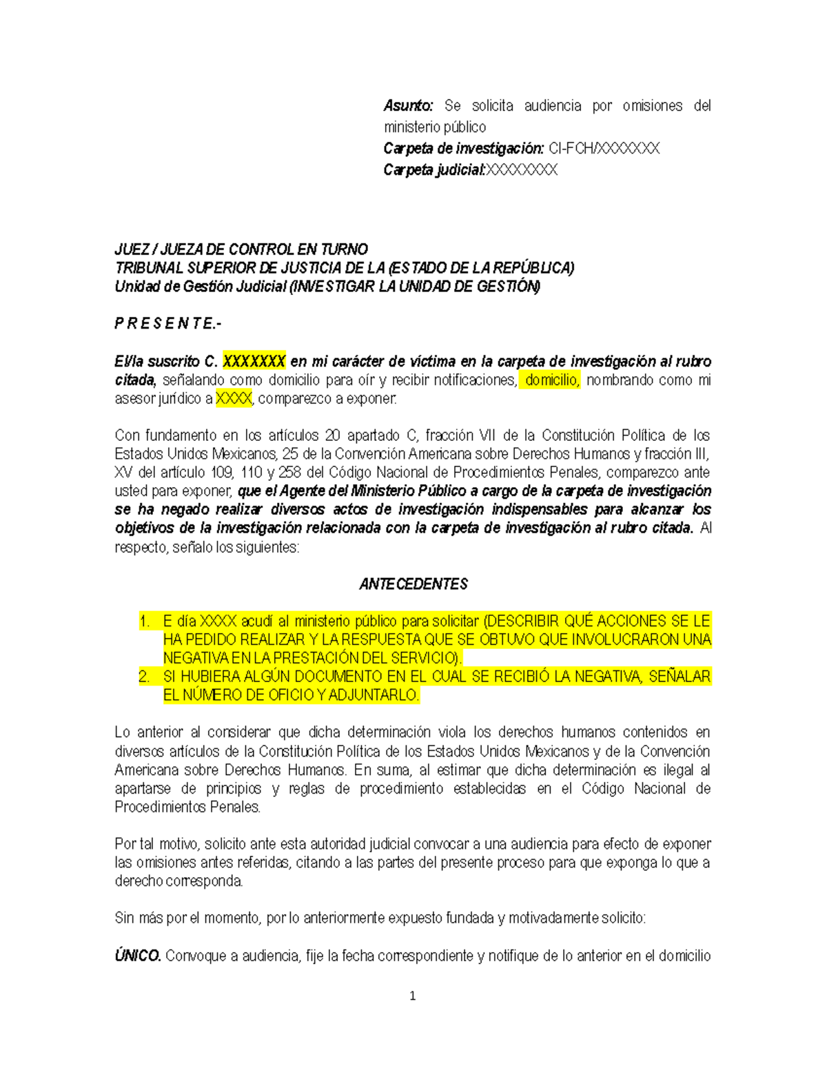 Solicitud de audiencia ante Jueza de Control - Asunto: Se solicita ...