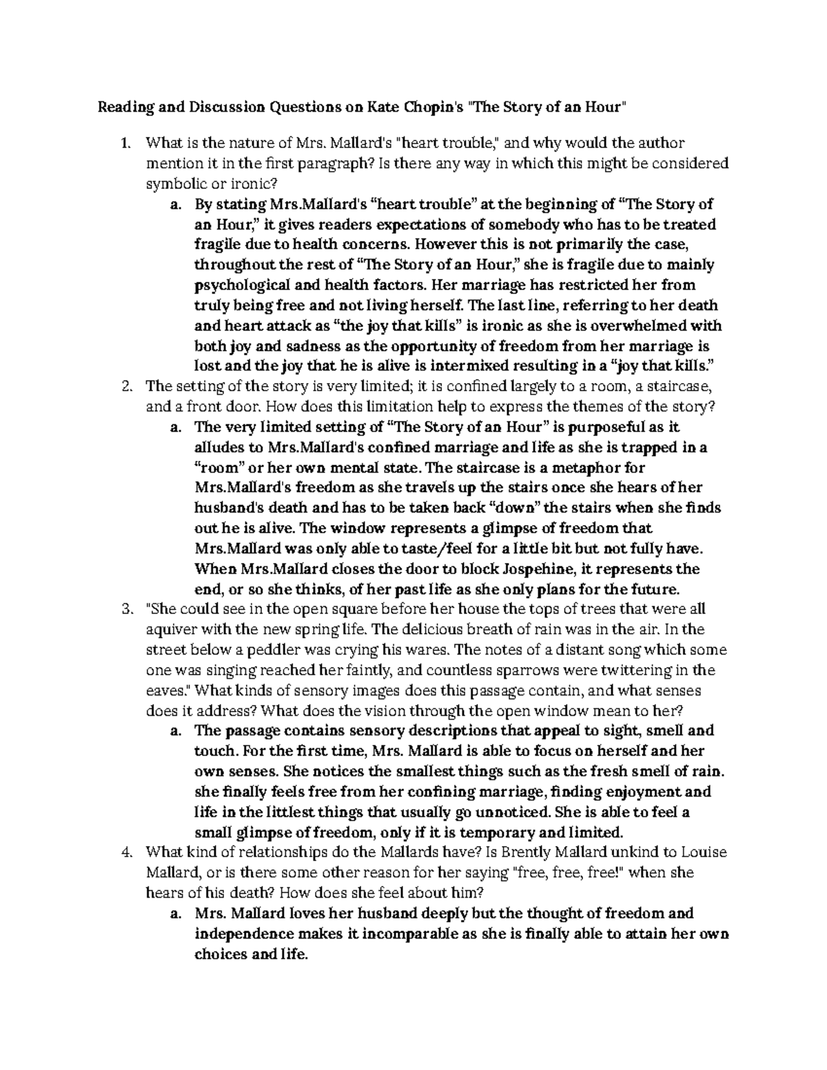 Story of an Hour Discussion Questions - Reading and Discussion ...