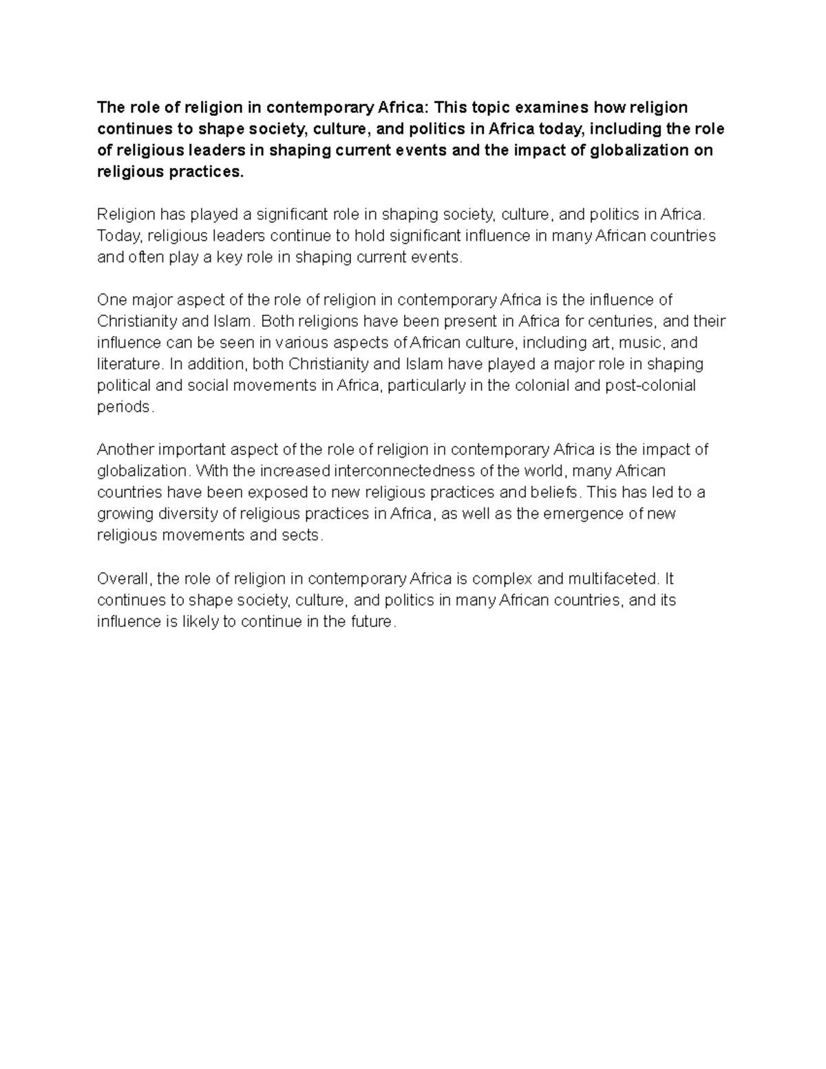 AFST 18 - Notes on Africana Studies 171 - The role of religion in ...