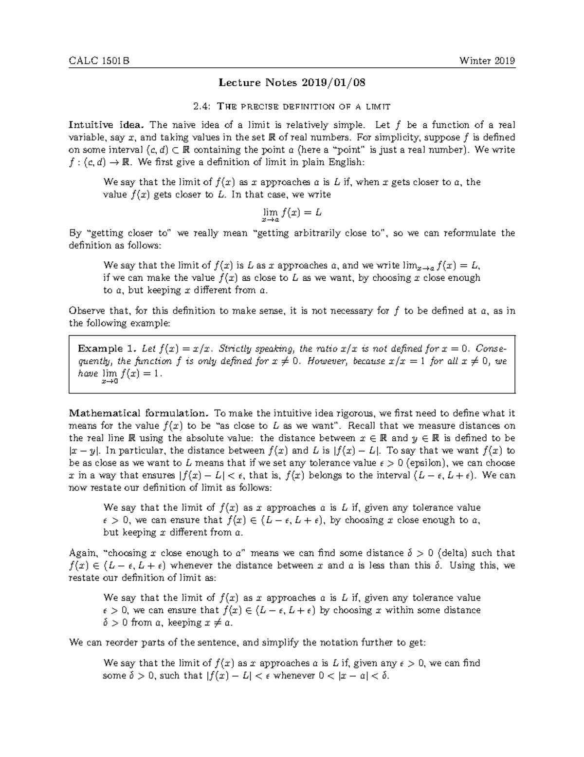 CALC 1501B-Lecture Notes-2019-01-08 - Lecture Notes 2019/01/ 2: The ...