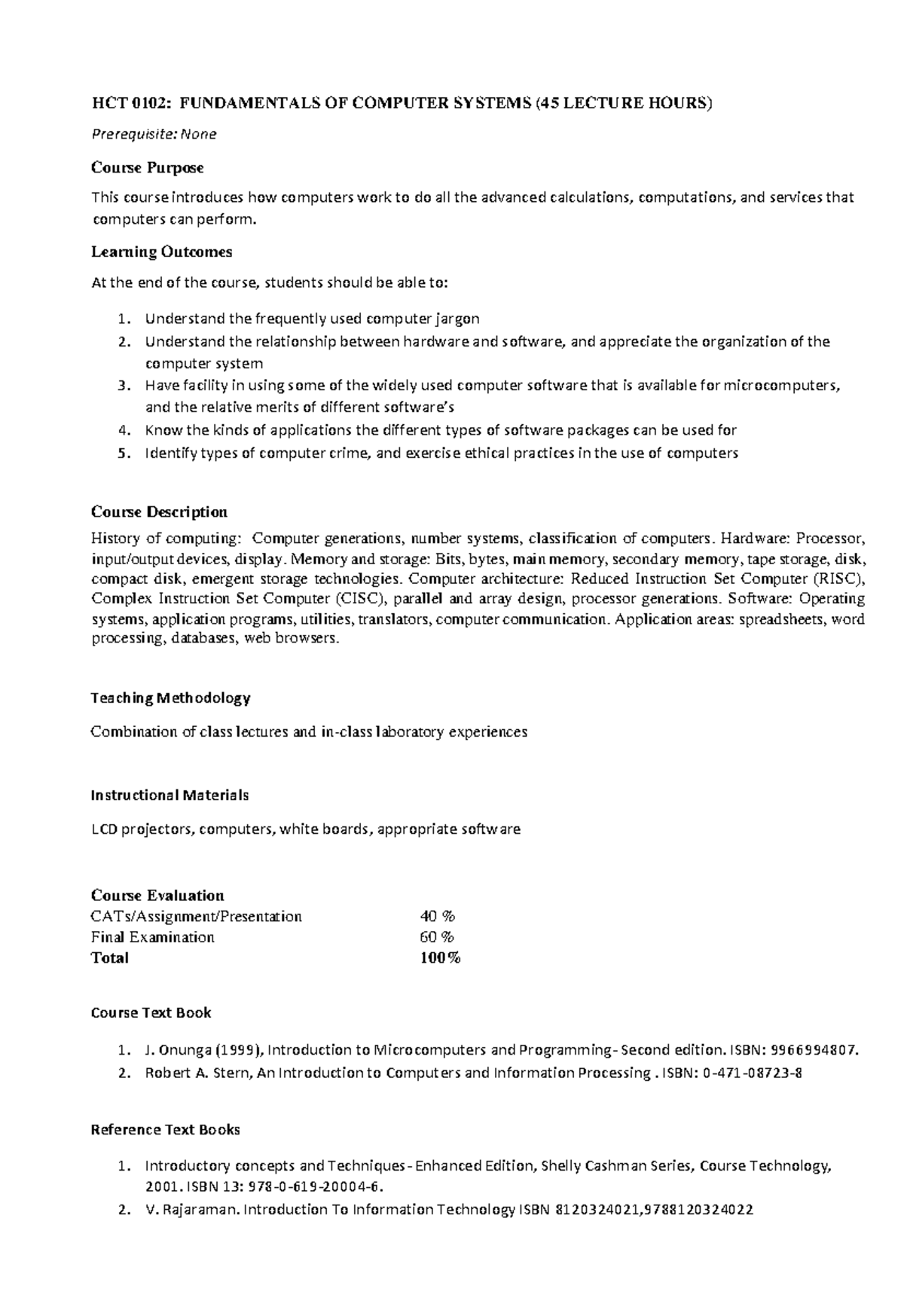 HCT 0102 Fundamentals OF Computer Systems - HCT 0102: FUNDAMENTALS OF COMPUTER SYSTEMS (45 ...