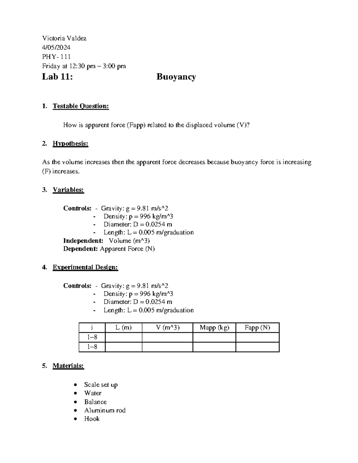 Lab 11 Buoyancy - Victoria Valdez 4/ 05 / PHY- 111 Friday at 12:30 pm – 3:00 pm Lab 11 ...