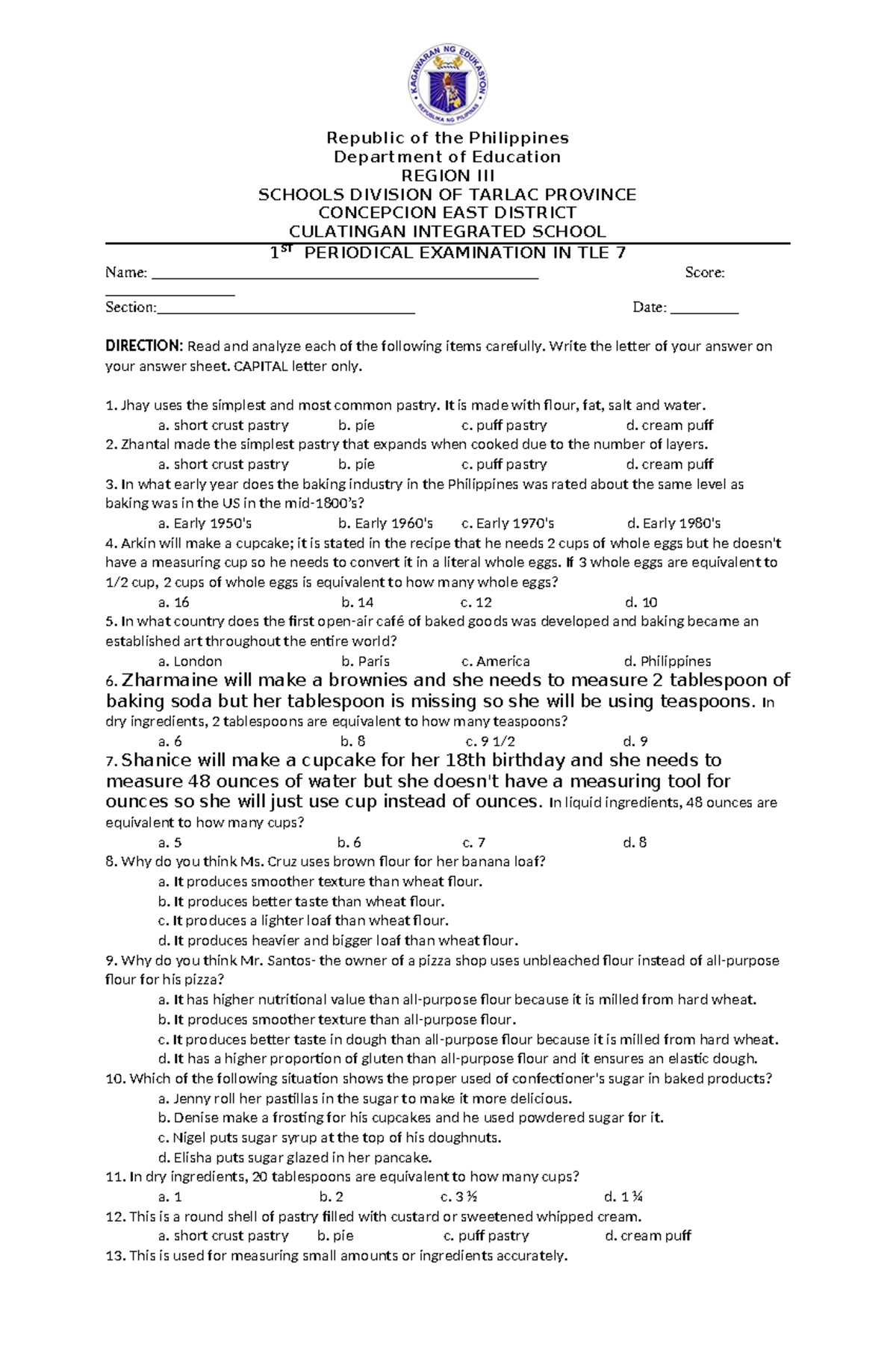 1st QP Examination in TLE 7 - Republic of the Philippines Department of ...
