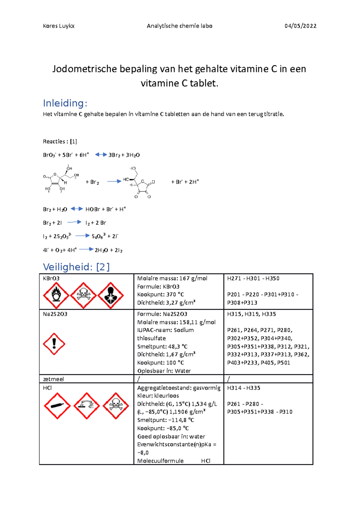 Jodometrische bepaling van het gehalte vitamine C in een vitamine C ...