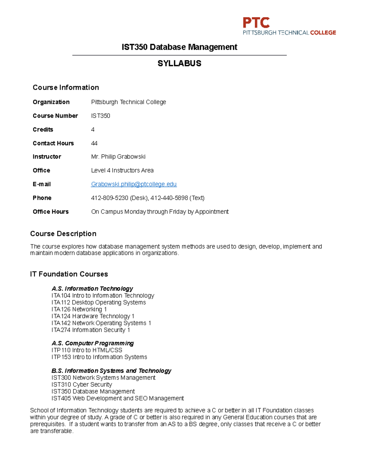 Syllabus - IST350 Database Management SYLLABUS Course Information ...