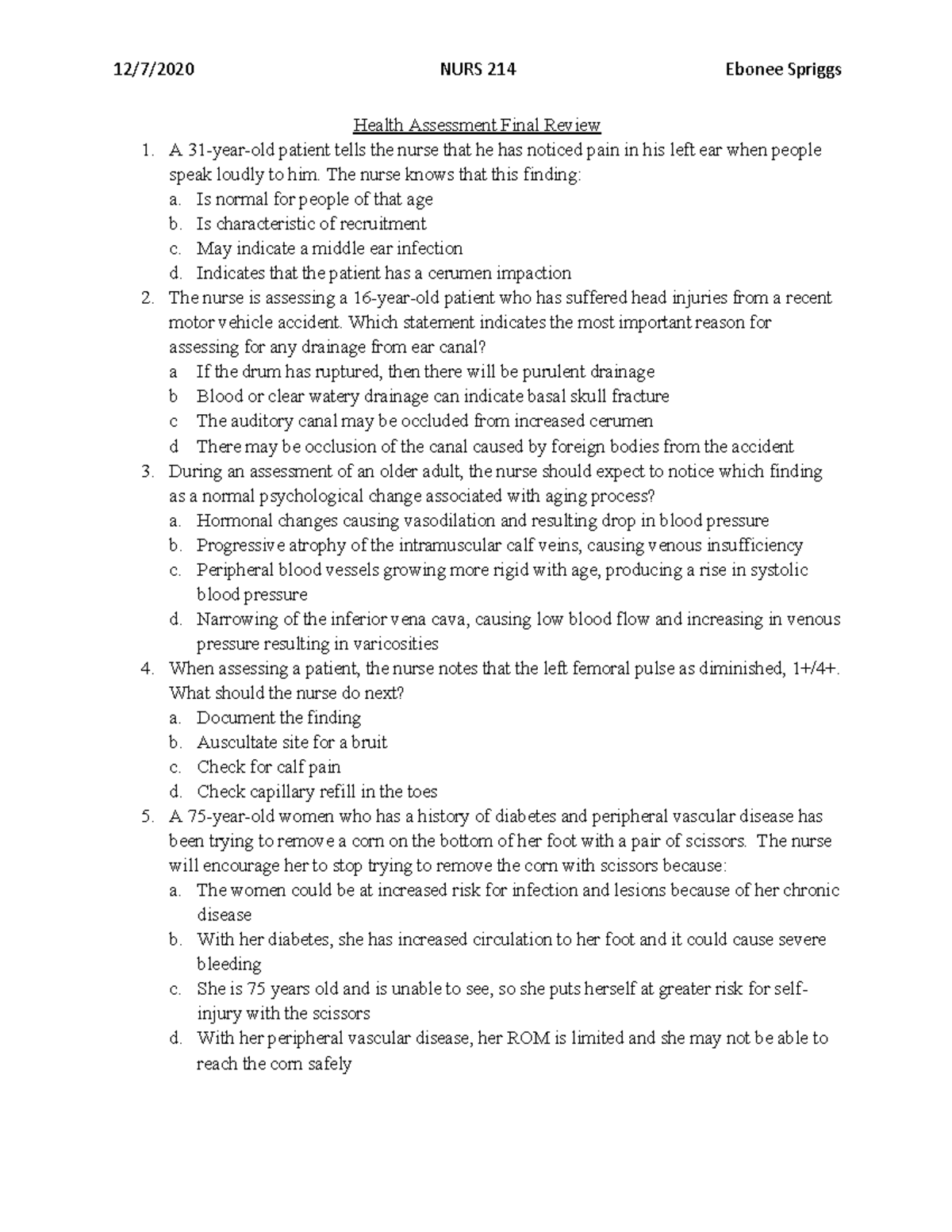 Final Pretest (Practice Questions) - Health Assessment Final Review A ...