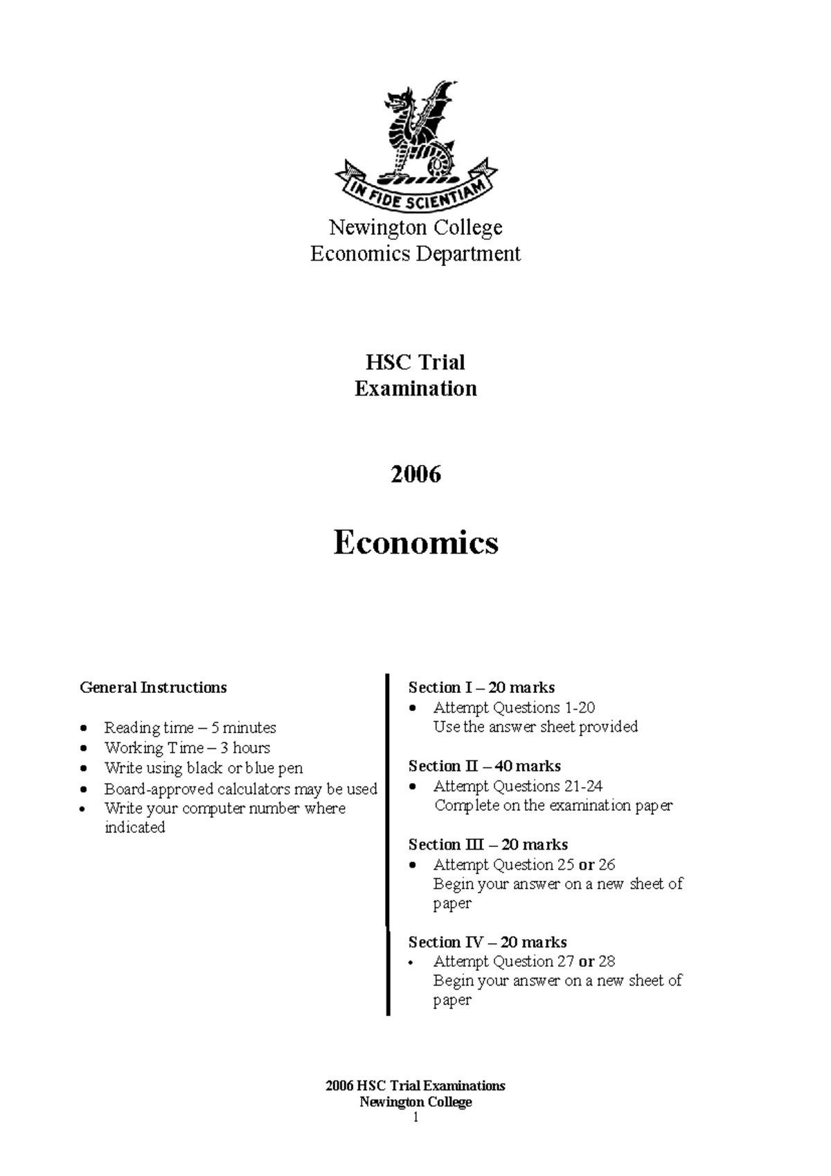 2006 Final Exam For 2006 Hsc Trial Examinations Newington College Newington College Economics 