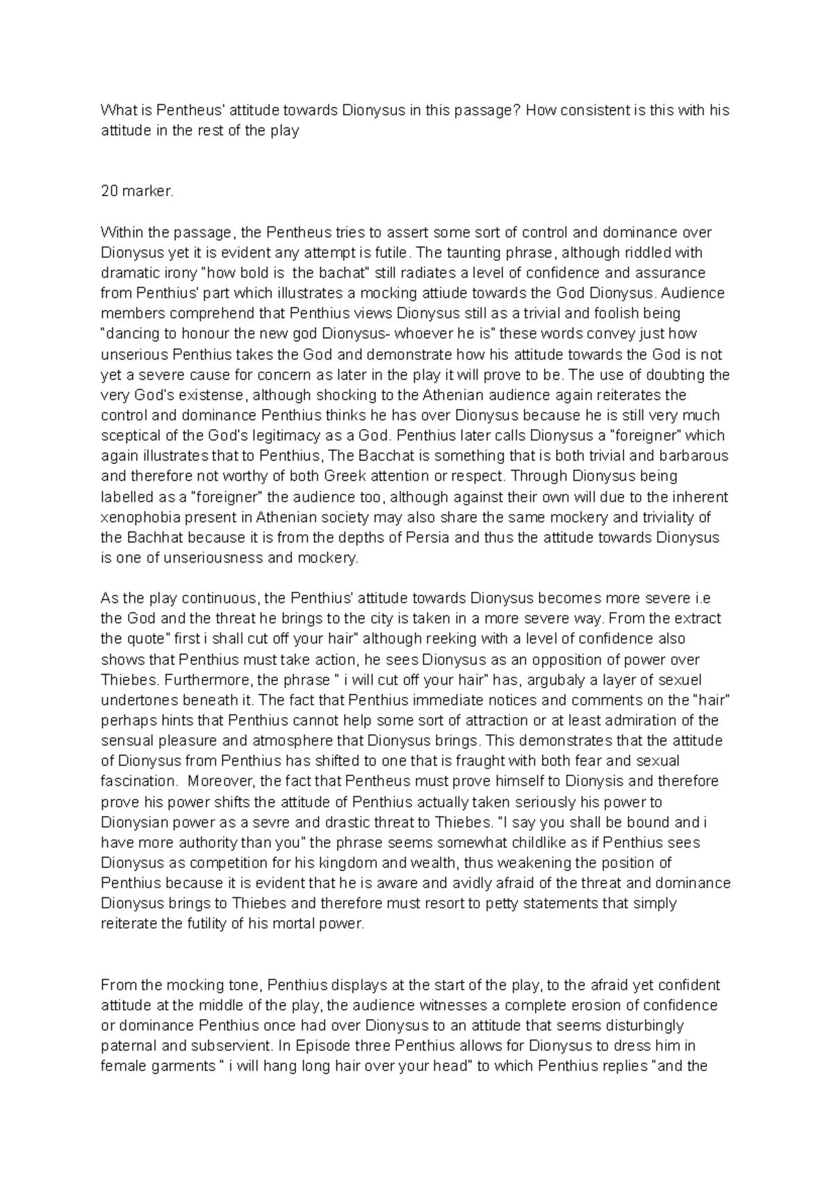 Classics 20 marker bacchae - What is Pentheus’ attitude towards ...