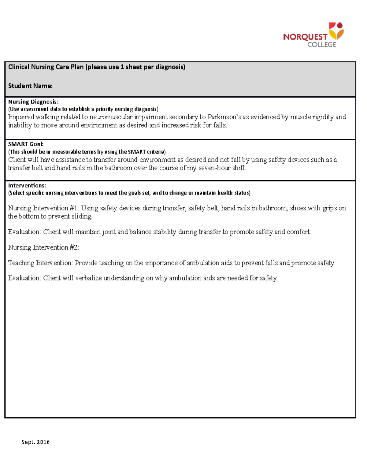 Nursing Care Plan - SMART Goal: (This should be in measurable terms by ...