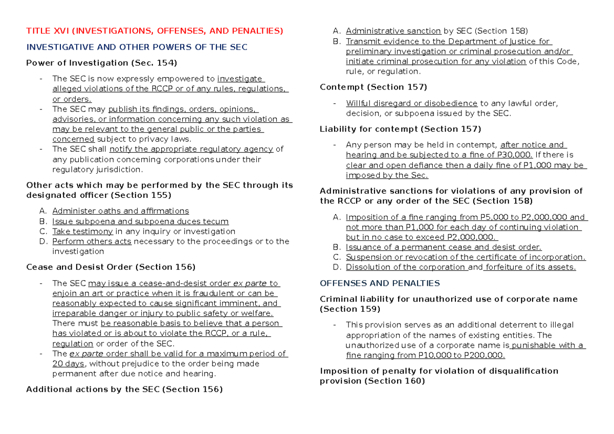 Business LAWS AND Regulations - TITLE XVI (INVESTIGATIONS, OFFENSES ...