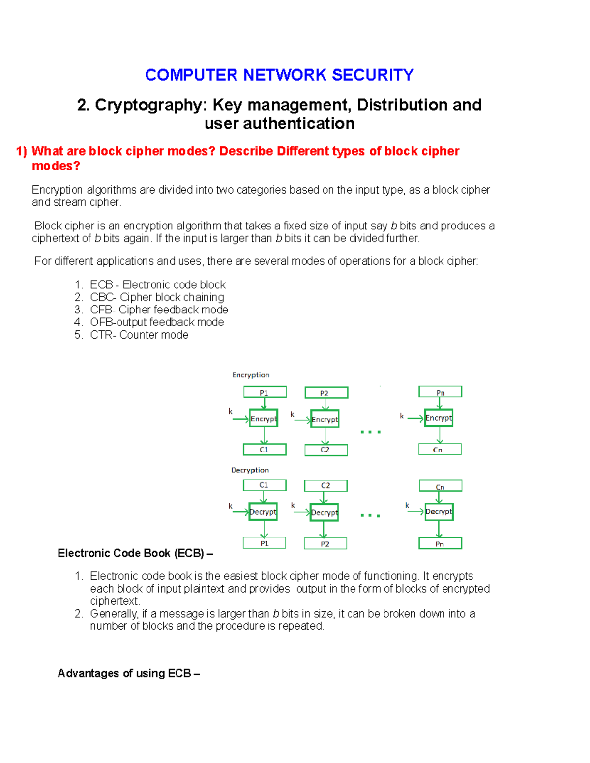 CNS Exam notes - COMPUTER NETWORK SECURITY 2. Cryptography: Key ...