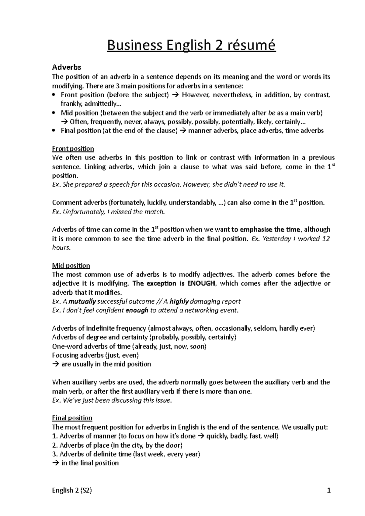 OK Business English 2 résumé - Business English 2 Adverbs The position ...