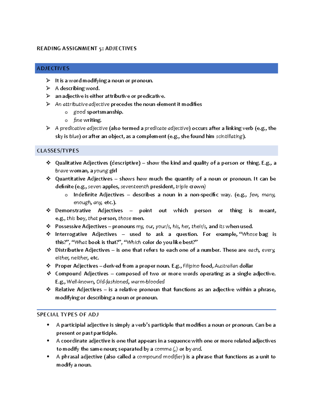 Reading Assignment 5 Notes - READING ASSIGNMENT 5: ADJECTIVES ...