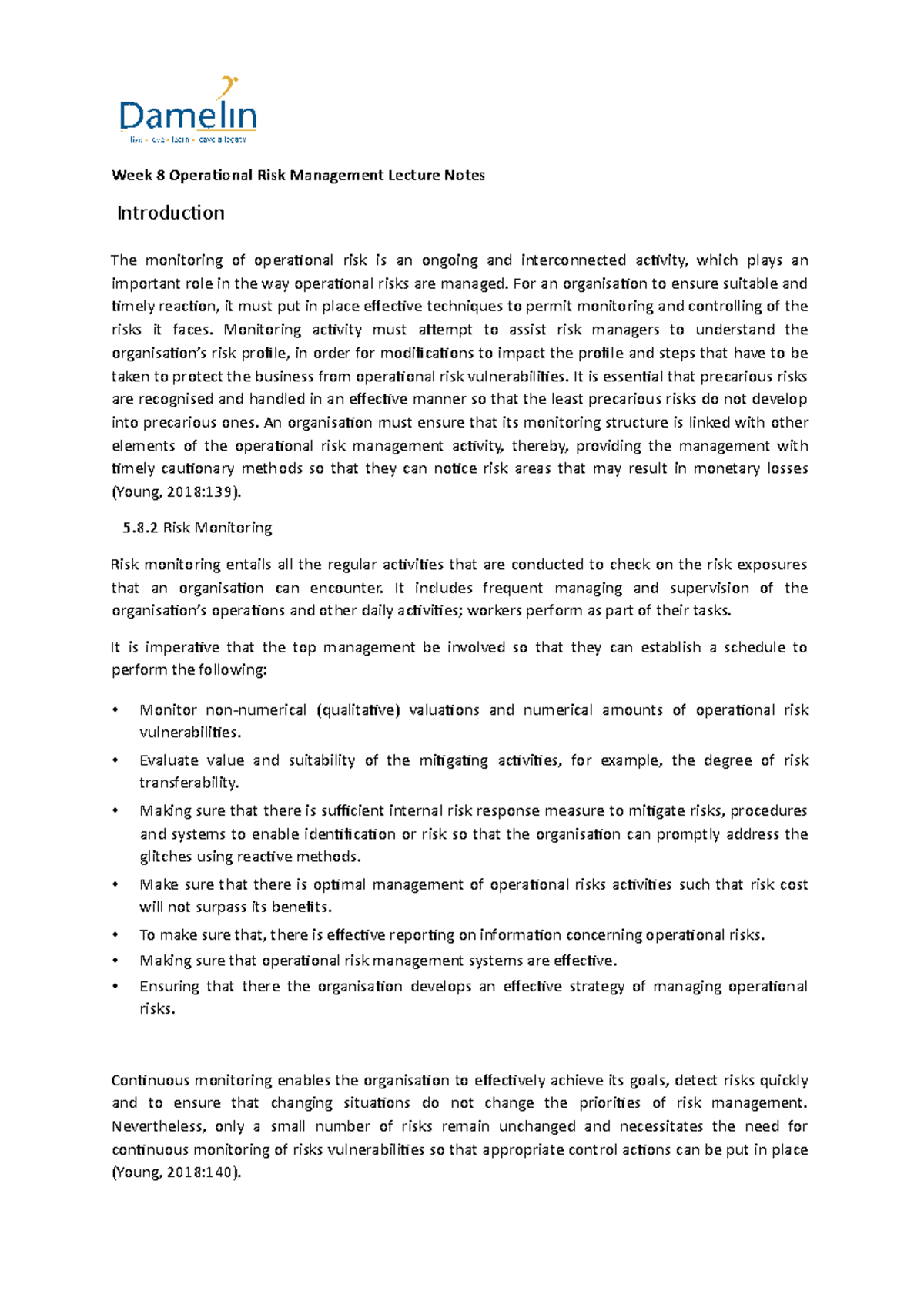 Week 8 Risk Monitoring - Week 8 Operational Risk Management Lecture ...