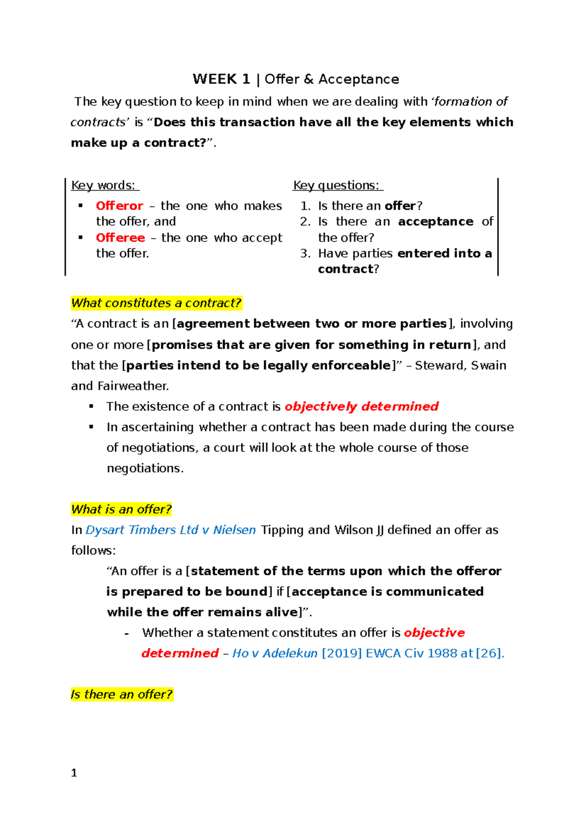 Weely-Notes-Combined - WEEK 1 | Offer & Acceptance The key question to ...