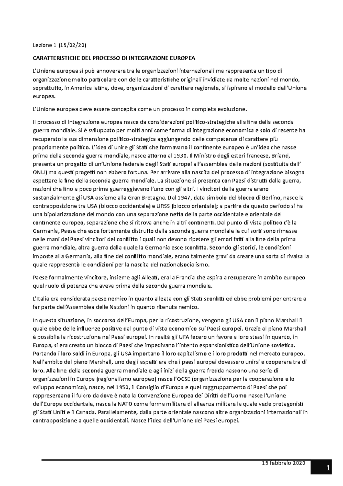 Caratteristiche del processo di integrazione europea - 19 febbraio 2020 ...