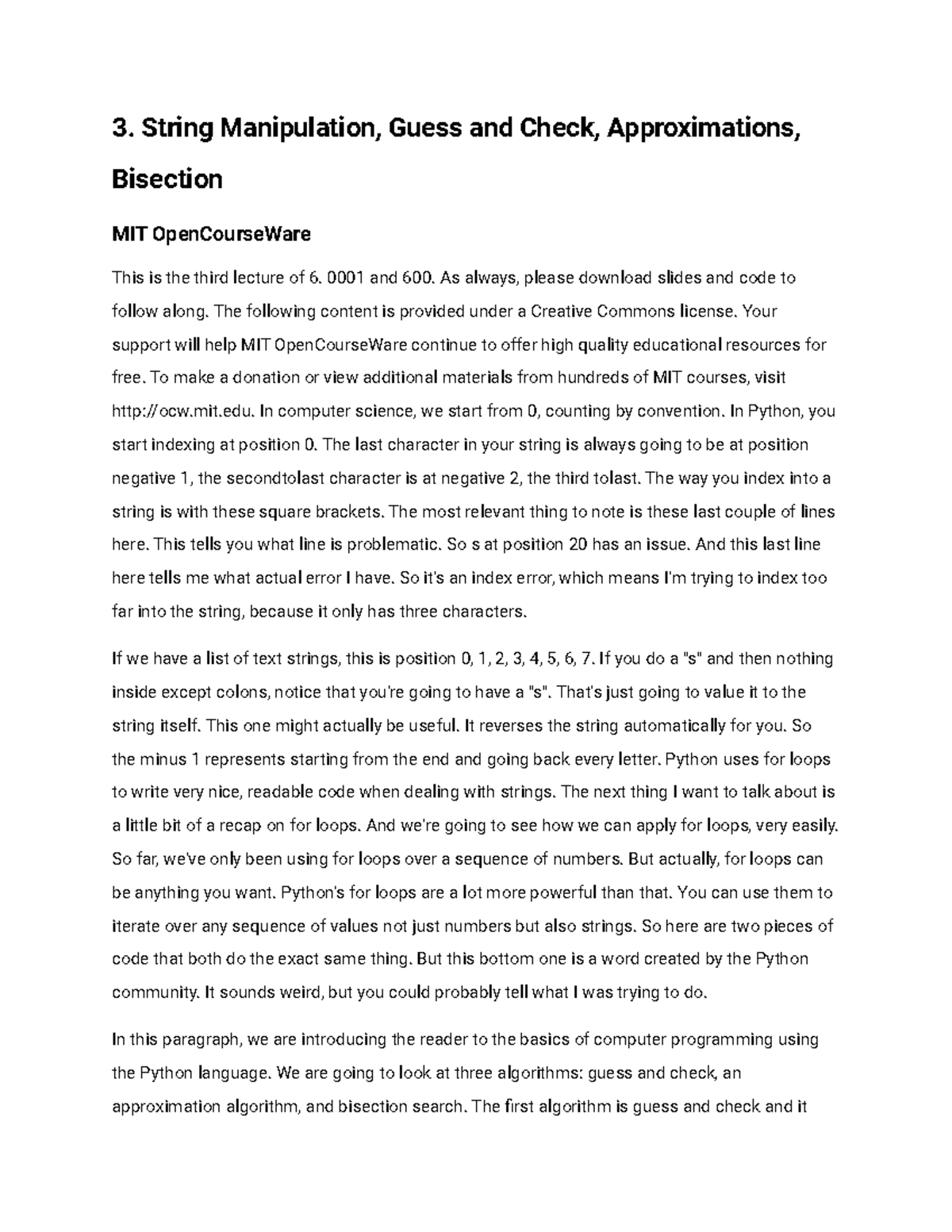 Software Engineering 12 - 3. String Manipulation, Guess and Check, Approximations, Bisection MIT ...