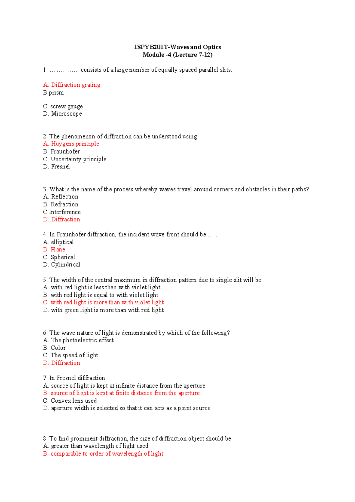 Optics- Waves- Module 04- Question Bank- Lecture 07 to 12 - 18PYB201T ...