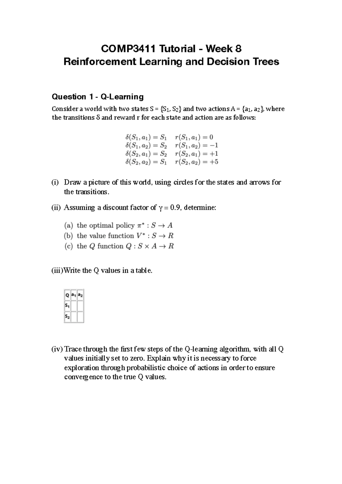 Week 8 - RL Decision Trees - COMP3411 Tutorial - Week 8 Reinforcement Learning and Decision ...