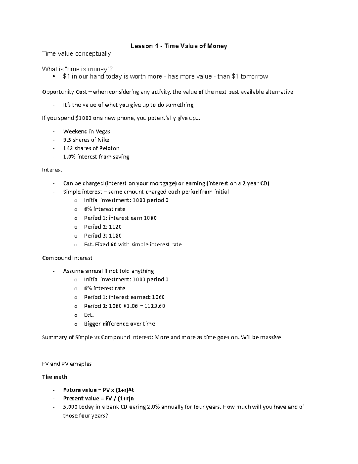 Icore - Notes on lecture - Lesson 1 - Time Value of Money Time value ...