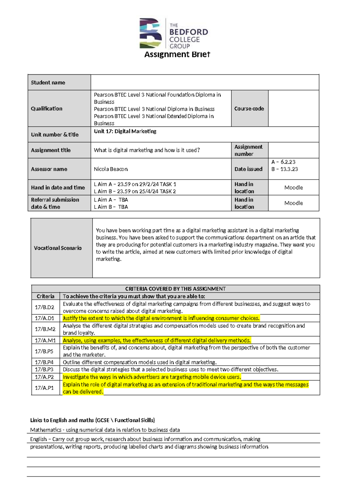 L3 U17 ass b brief L Aim A Task 1 updated 7 Feb - Assignment Brief ...