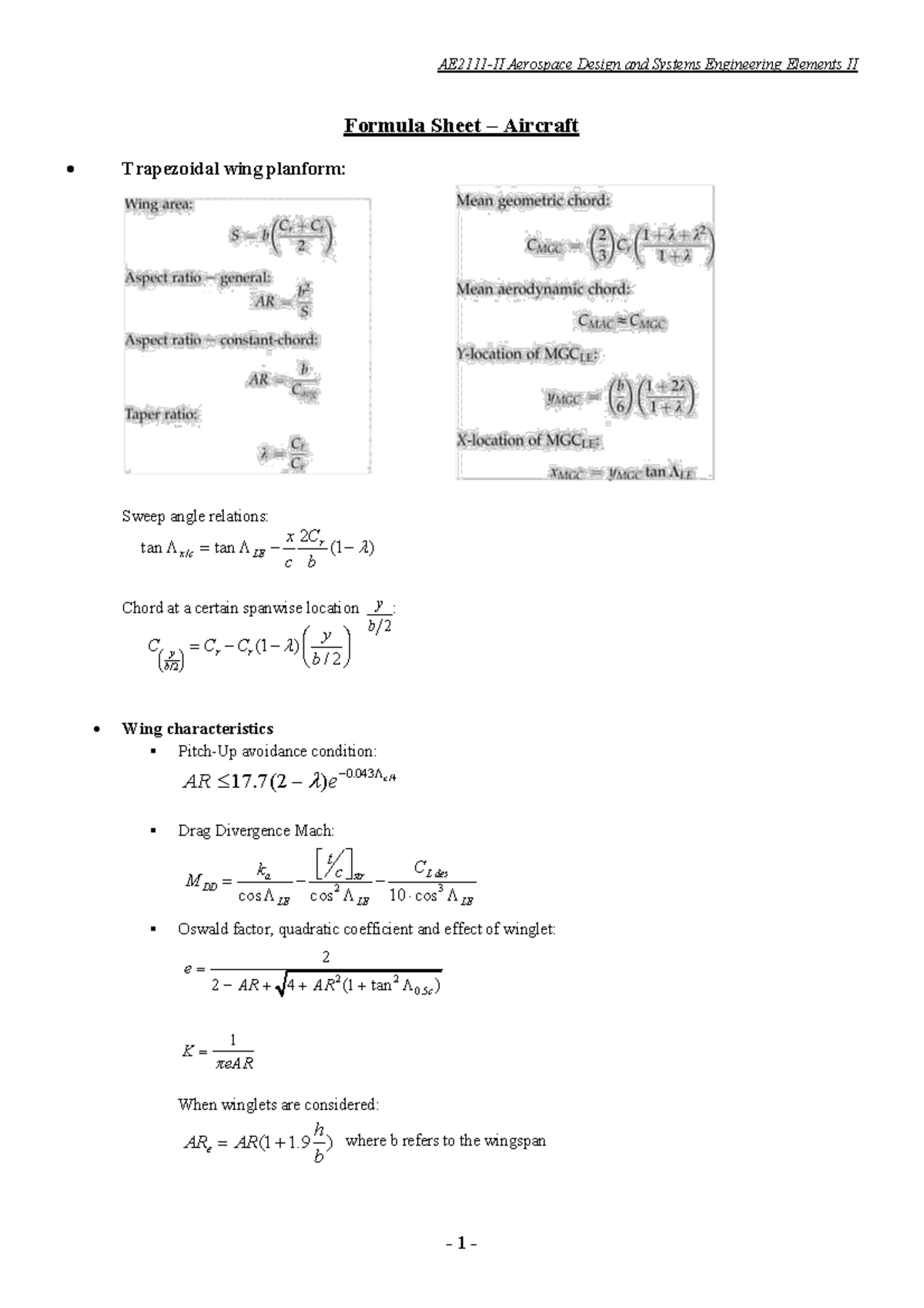 Formula Sheet Aircraft general - Formula Sheet – Aircraft Trapezoidal ...