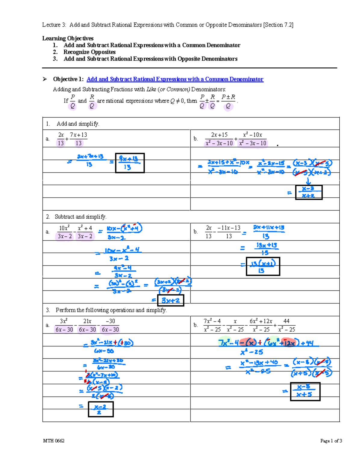 Lecture 3-Add and Subtract with Common and Opposite Denominators - MTH 0662 Page 1 of 3 Lecture ...