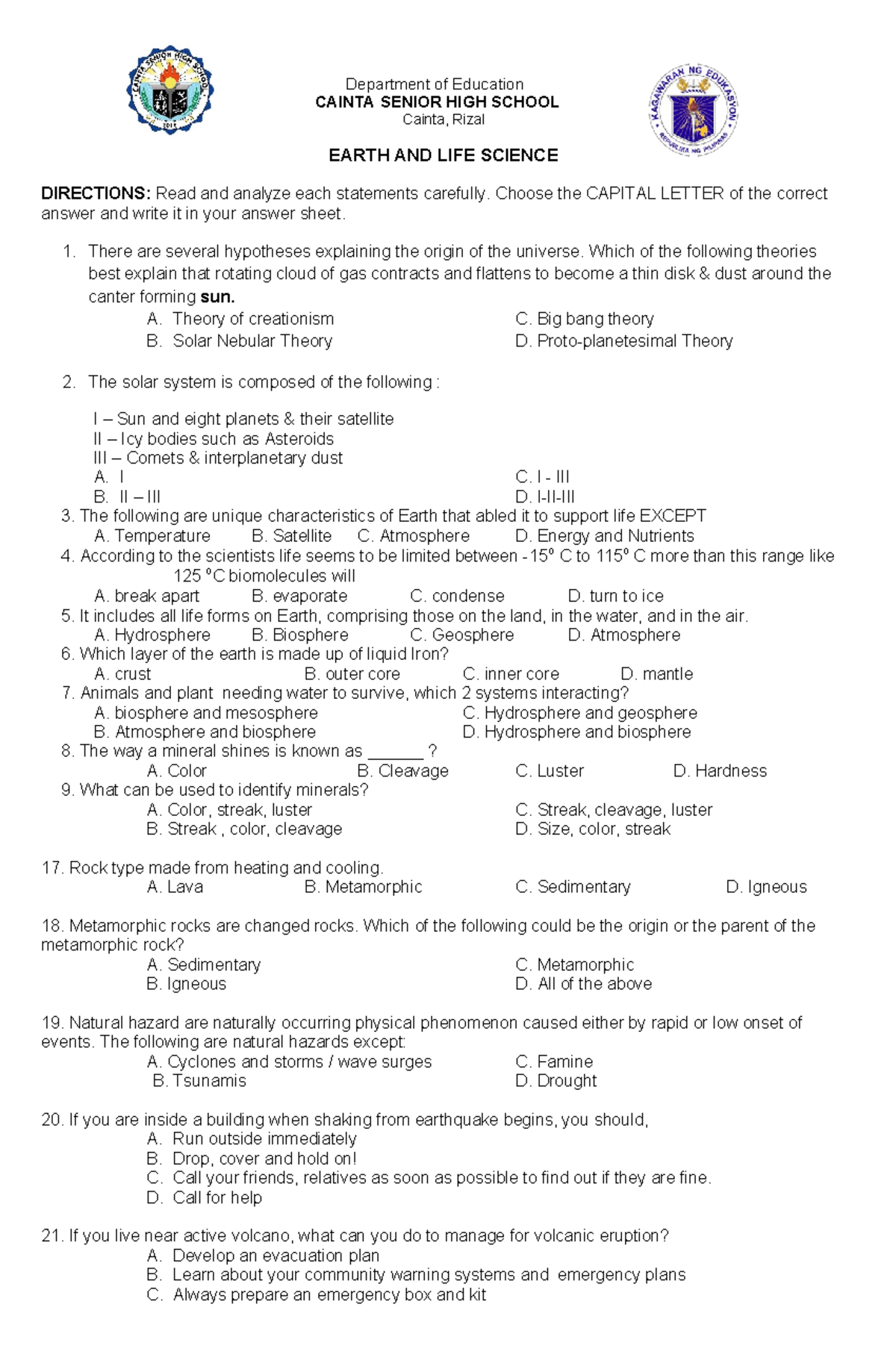 Diagnostic-Earth-and-Life-Sci-with-answer-key - Department of Education ...
