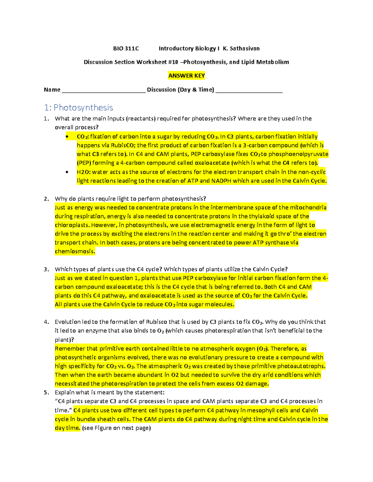 DSW 11 - Photosynthesis - BIO 311C Introductory Biology I K. Sathasivan ...
