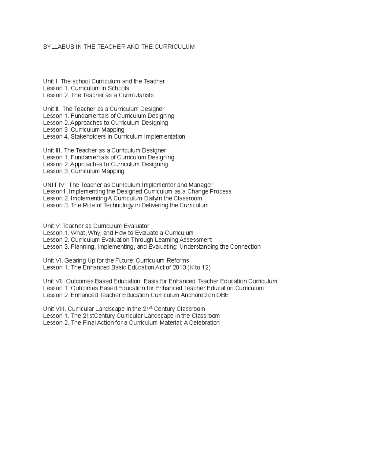 Syllabus IN THE Teacher AND THE Curriculum - SYLLABUS IN THE TEACHER ...