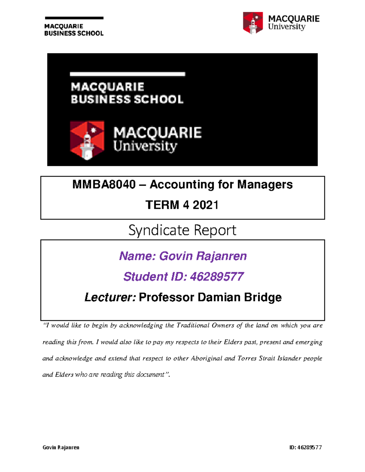 Syndicate Report v2 - MMBA8040 – Accounting for Managers TERM 4 2021 ...