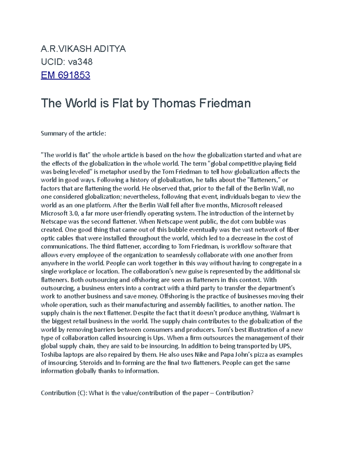 World is flat - My version or take on it. - A.R ADITYA UCID: va EM ...