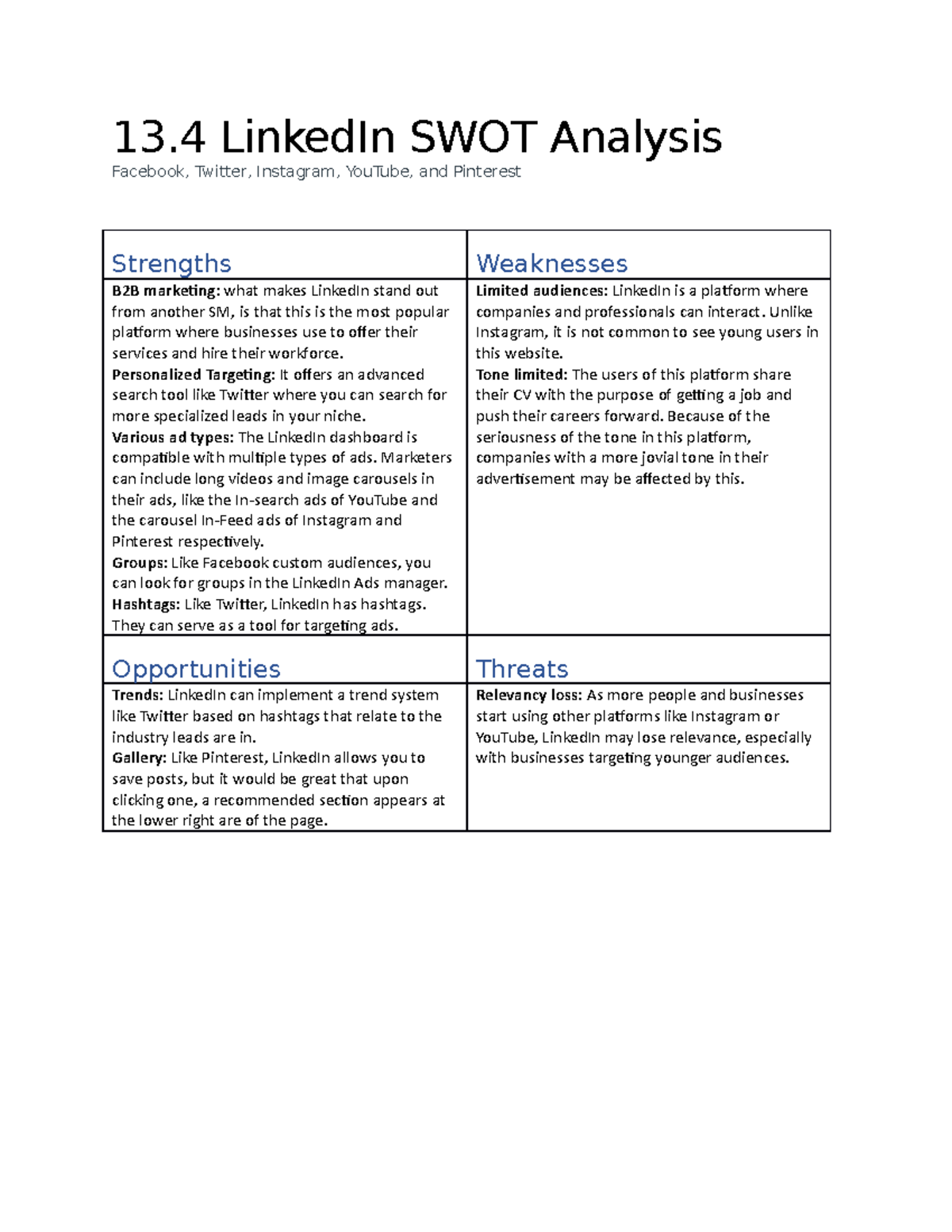 13.4 Linked In SWOT Analysis - 13 LinkedIn SWOT Analysis Facebook ...