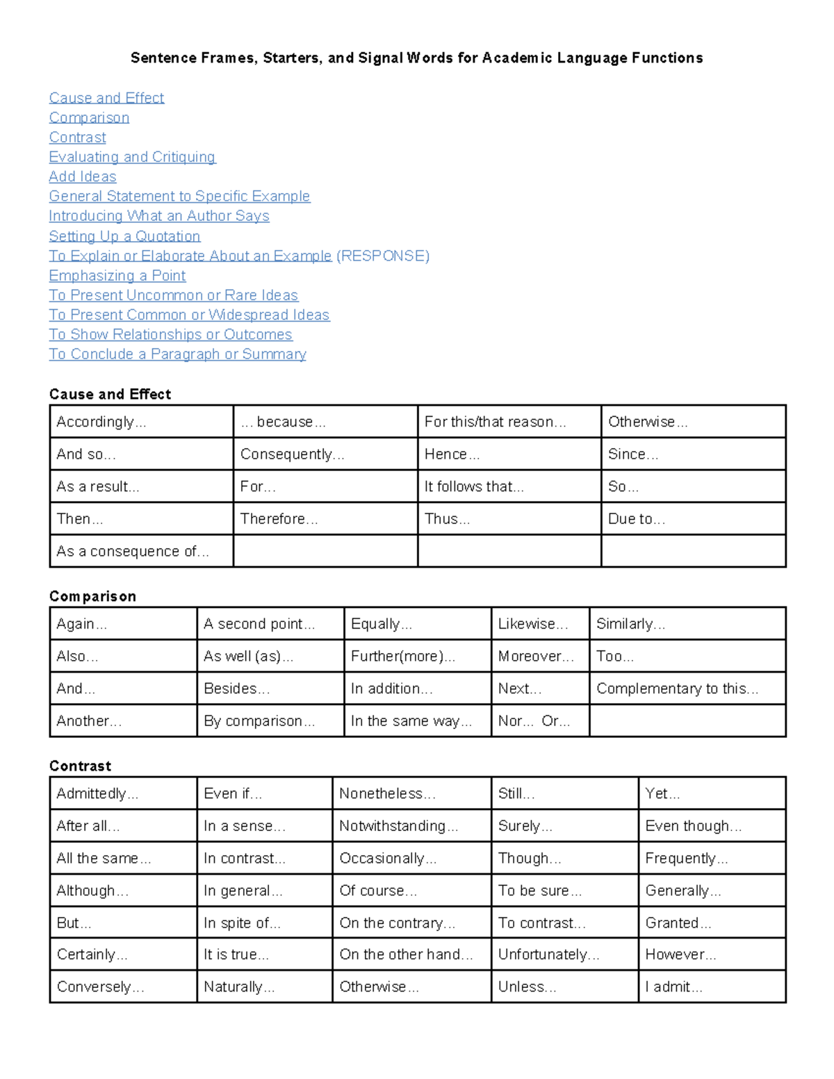 Sentence Frames, Starters, and Signal Words for Academic Language ...